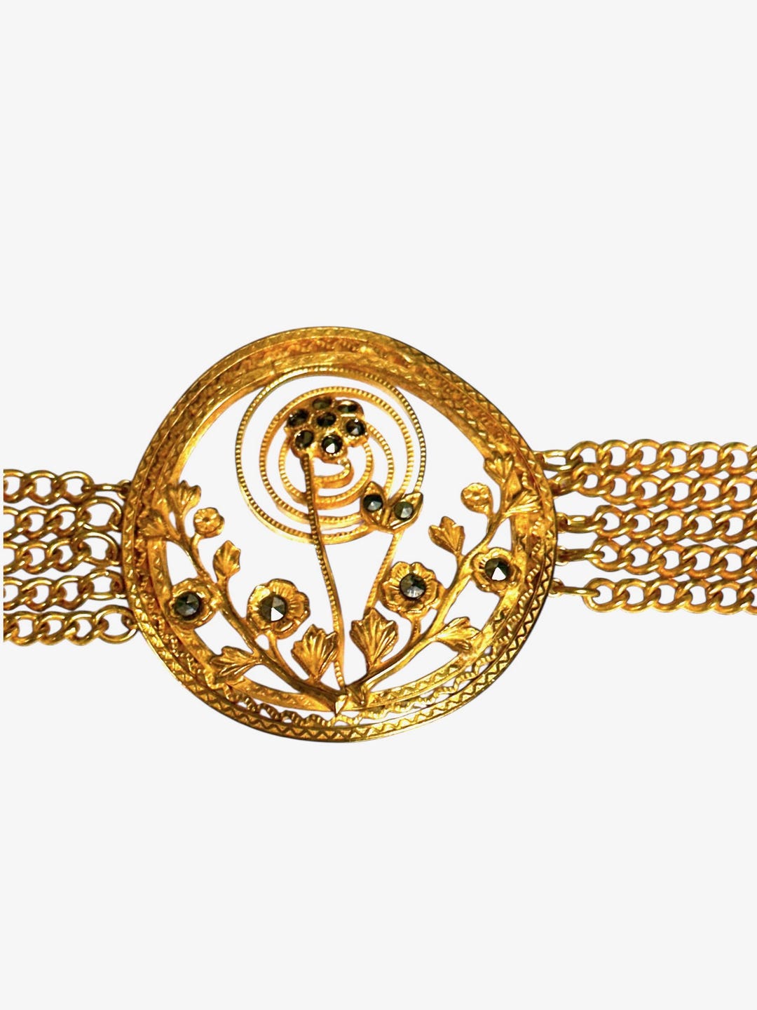 Gold Tone Marcasite Chain Bracelet With Center Flower Design and Scroll ...