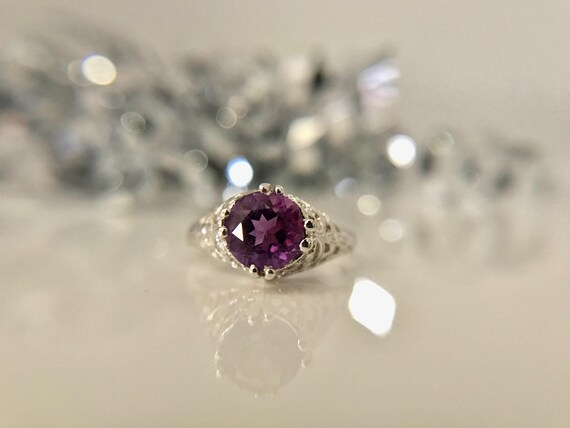 18K White Gold Filigree Amethyst Ring: Vintage Edward… - Gem