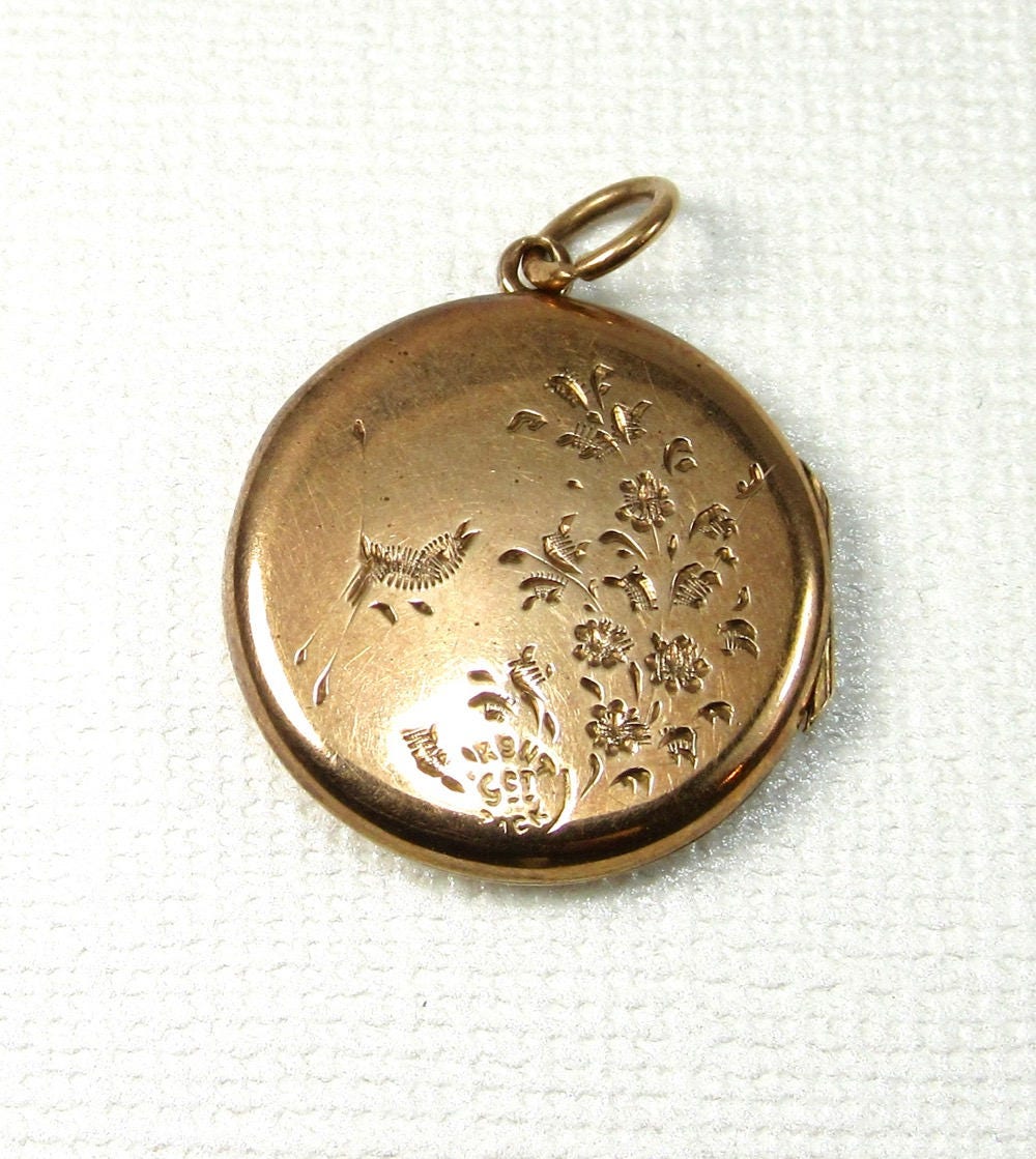 Gold Filled Round Locket with Floral Design, Flower and Bird Design ...