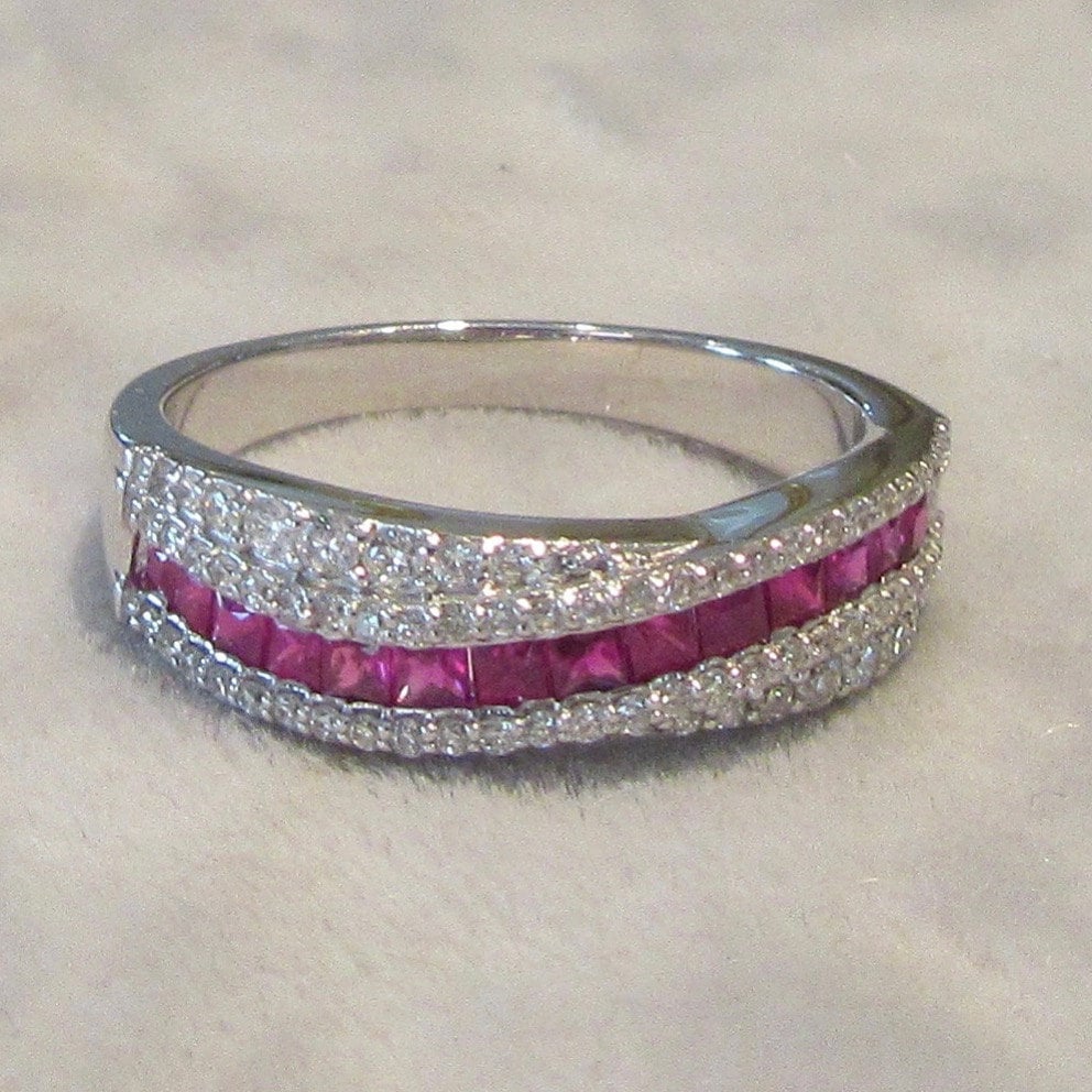 Vintage White Gold Ruby and Diamond Stackable Ring or Wedding Band