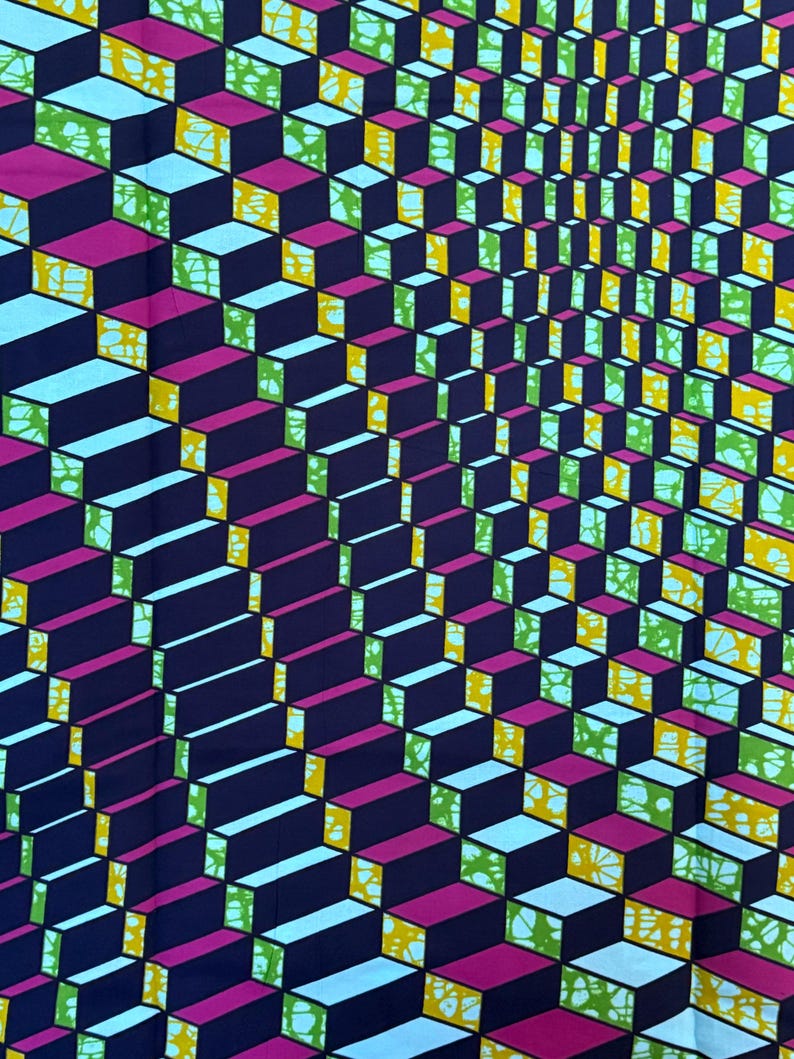 African Print Fabric, Purple Green Gold Blue 3D Cube Optical Ankara ...