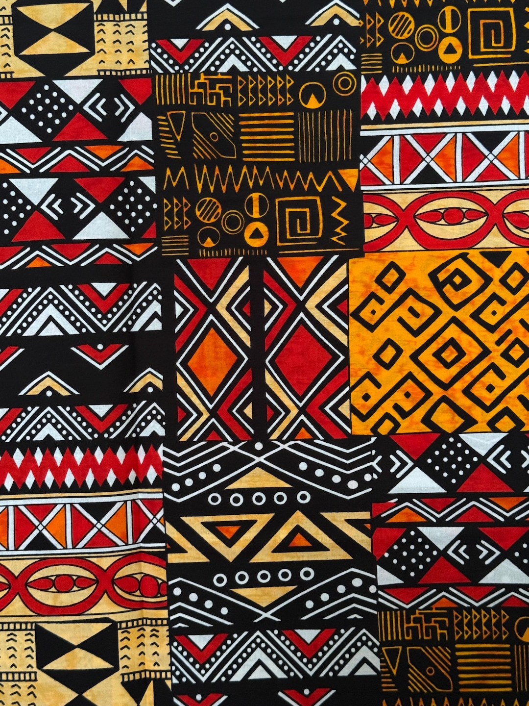 African Mud Cloth Print Fabric, Red Orange Gold Tribal Patchwork Cotton ...