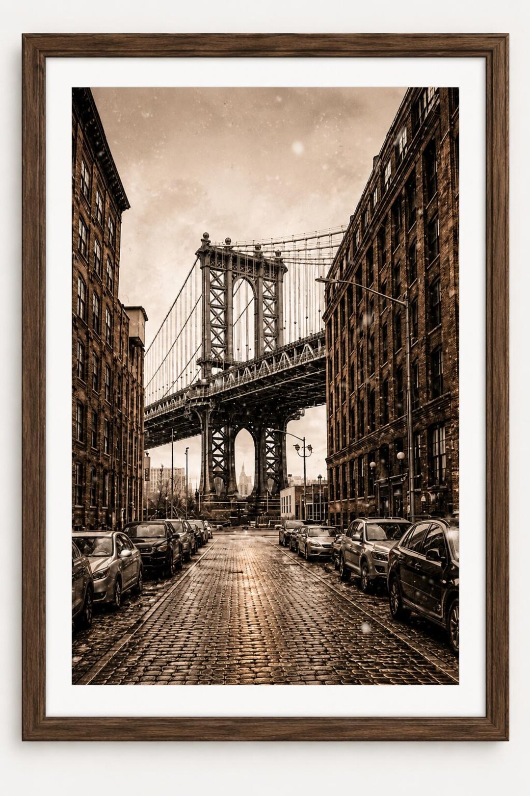 Sepia Brooklyn Bridge NYC Wall Art – Cobblestone Street Snowscape ...