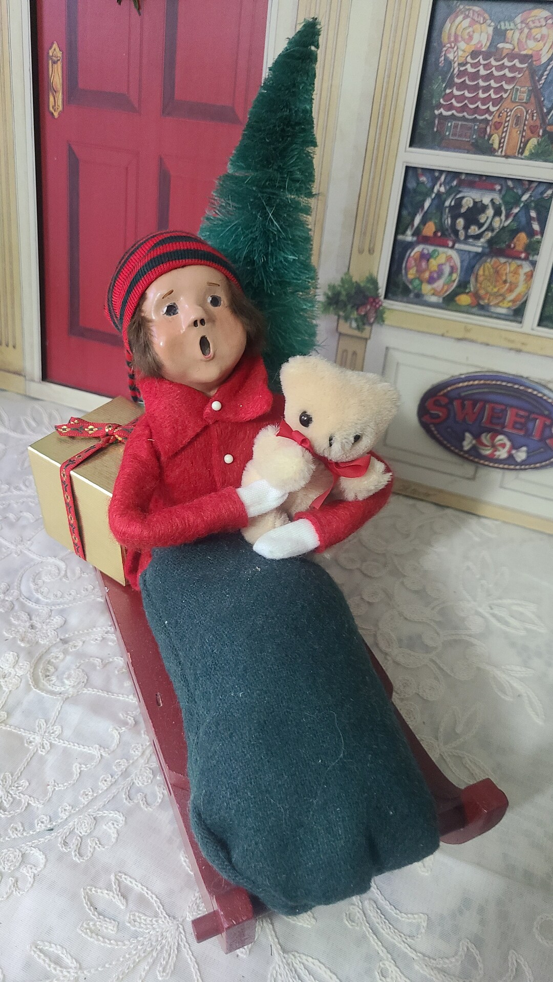 Vintage Byers Choice Little Boy Sledding With Christmas Tree and Big ...