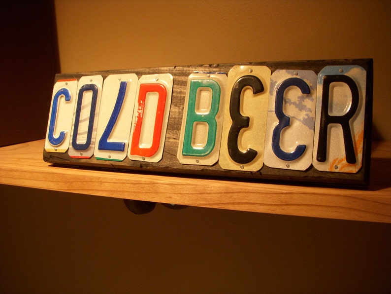 COLD BEER Sign made with recycled license plates. | Etsy