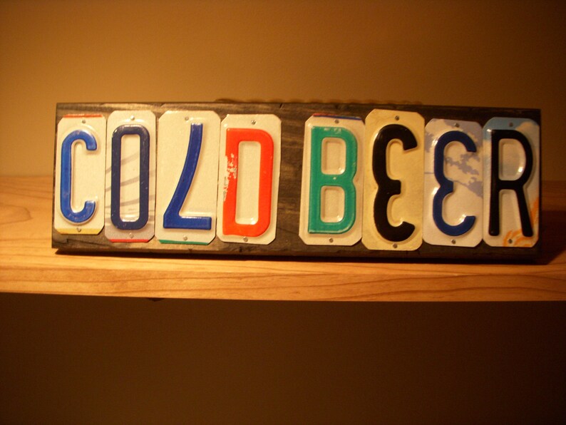 COLD BEER Sign made with recycled license plates. | Etsy