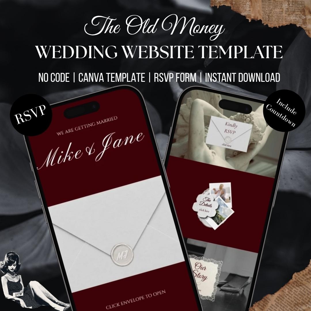Old Money Wedding Website Template With RSVP: Classic Burgundy Ivory ...
