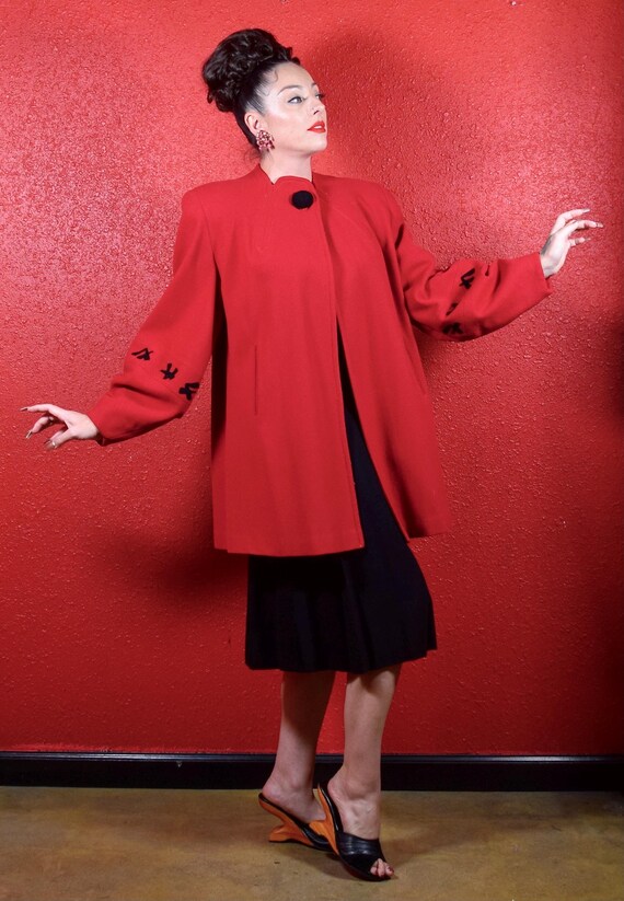 1940s Rose Red Wool Swing Coat with Chain Stitch Deta… - Gem
