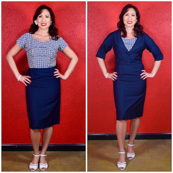 1950s Navy Blue Ensemble Two Piece Bolero & Dress - Gem