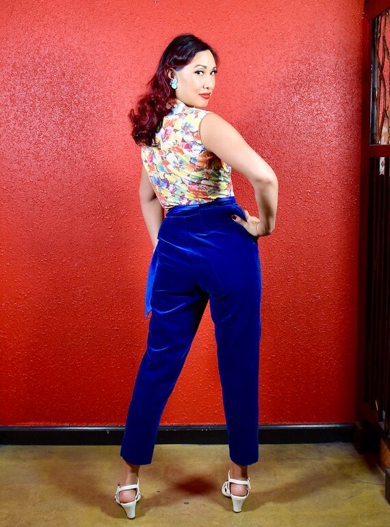1950s Blue Velvet Capris with Satin Tie Belt - Gem