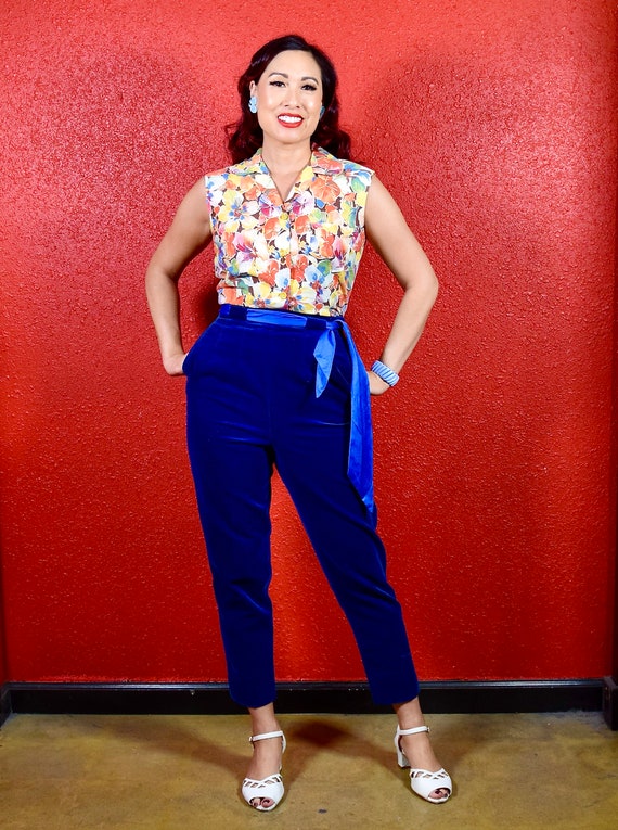 1950s Blue Velvet Capris with Satin Tie Belt - Gem