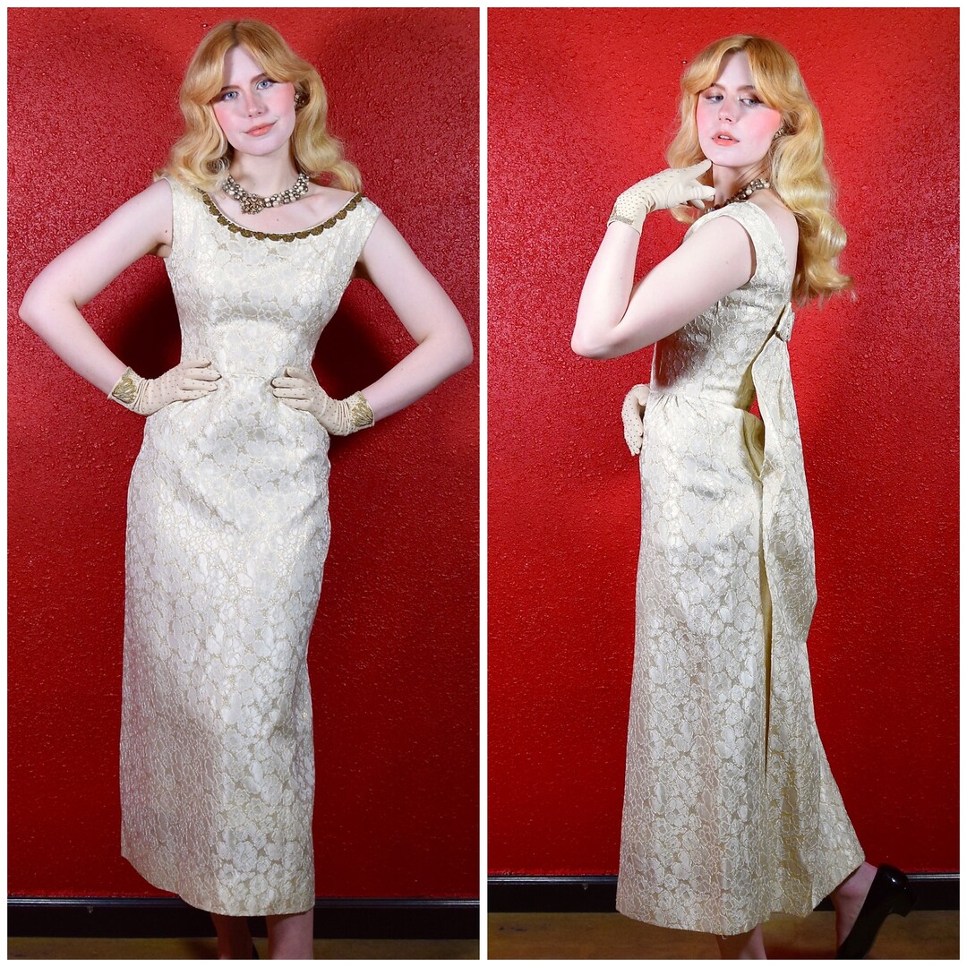 1960s Ivory Brocade Evening Gown Dramatic Draped Back - Etsy