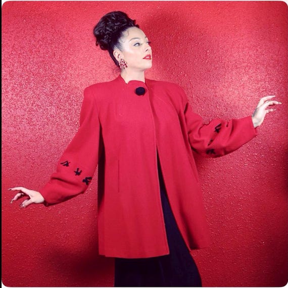 1940s Rose Red Wool Swing Coat with Chain Stitch Deta… - Gem