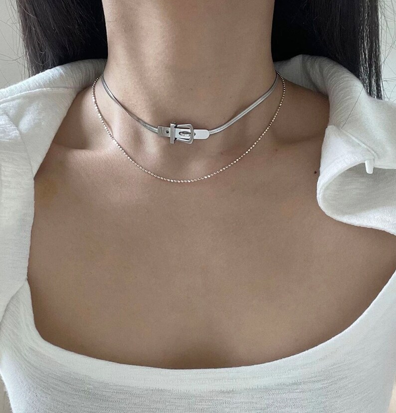 Silver Belt Buckle Layered Two Piece Necklace Set - Etsy