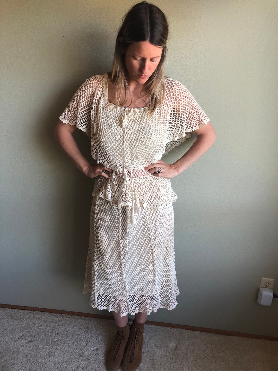 50% off Ecru Crochet Mesh Bare Shoulder Top and Skirt, Size S - Etsy