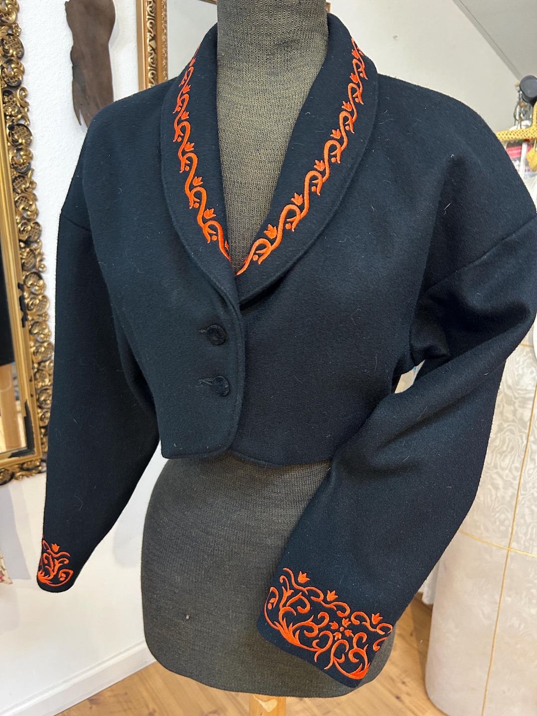 Vintage Black Wool Bolero With Orange Embroidered Accents, Hong Kong - Etsy