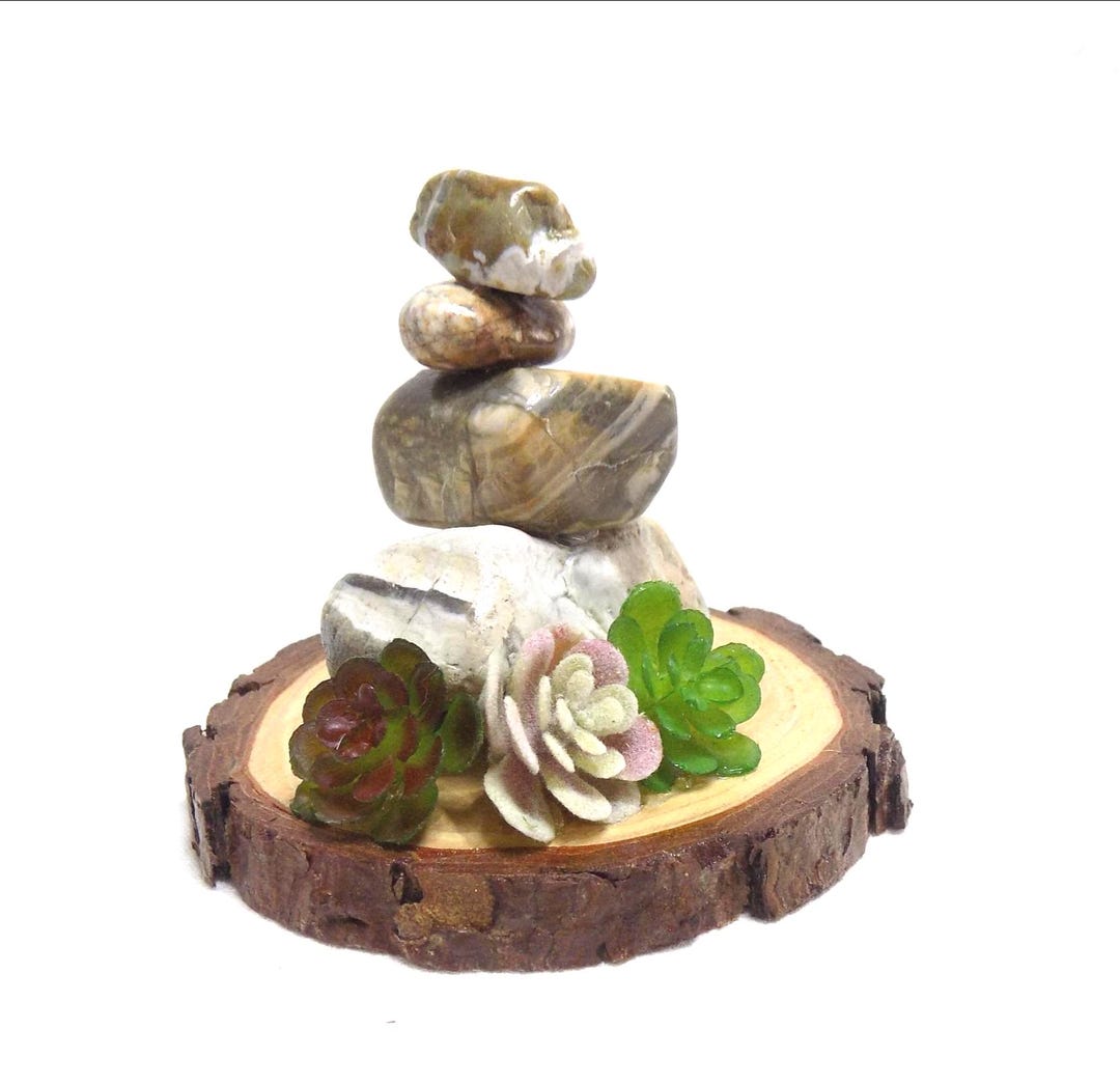 Miniature Rock Tower Cairn W/mini Cacti; Southwest Style Home ...