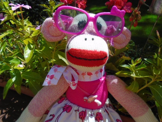 Pink Flamingo Sock Monkey Doll With Flamingo Skirt Ribbon and - Etsy