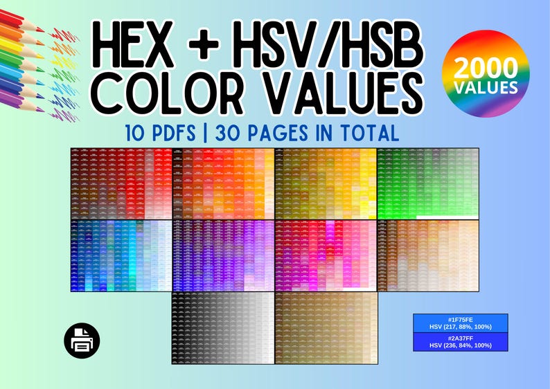 HEX + HSV/HSB: 2000 Color Values Chart, Printable Pdf Bundle | Palette ...