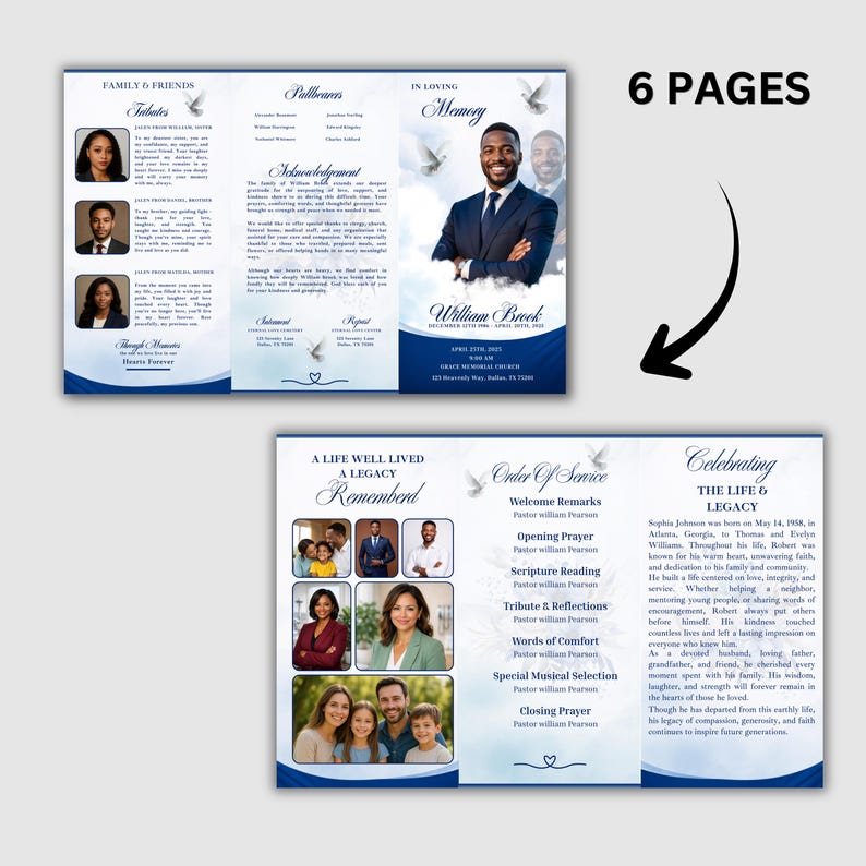 Blue Funeral Program Template, Tri-fold Memorial Service, Celebration ...