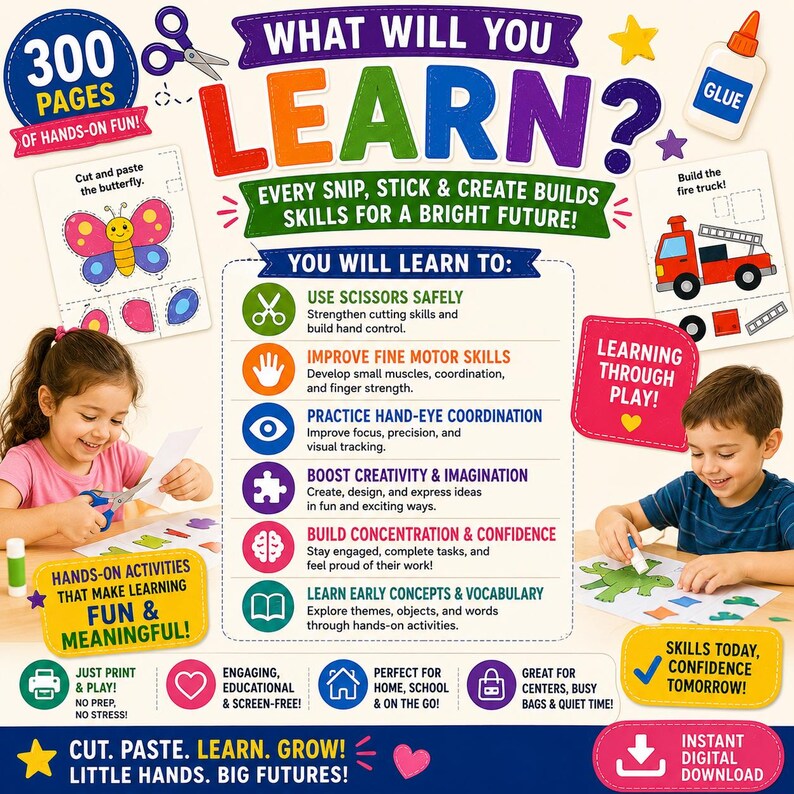 300 Pages Cut and Paste Activities | Preschool Fine Motor, Scissor ...