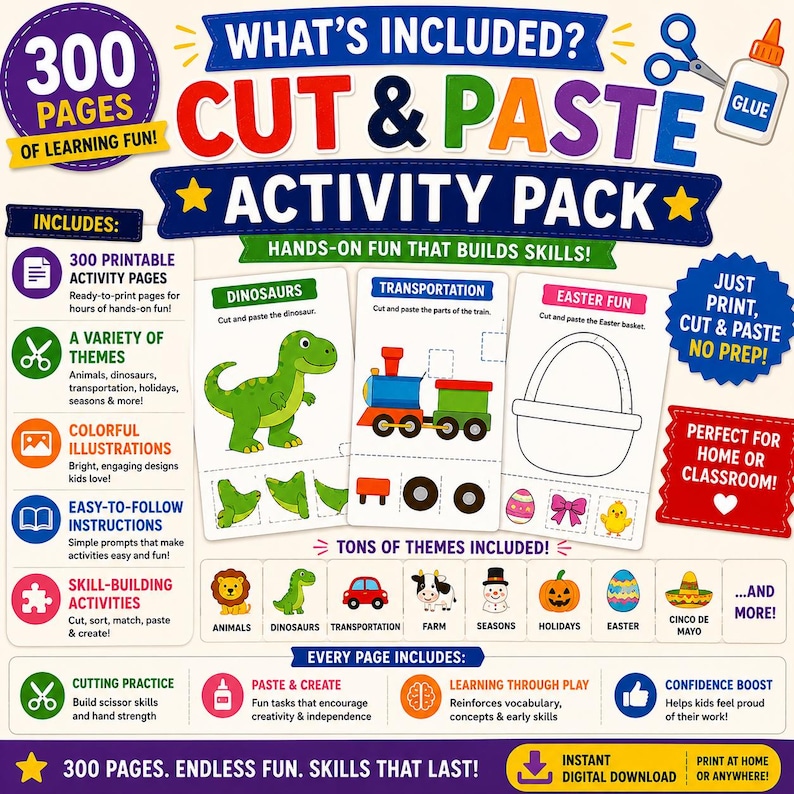 300 Pages Cut and Paste Activities | Preschool Fine Motor, Scissor ...