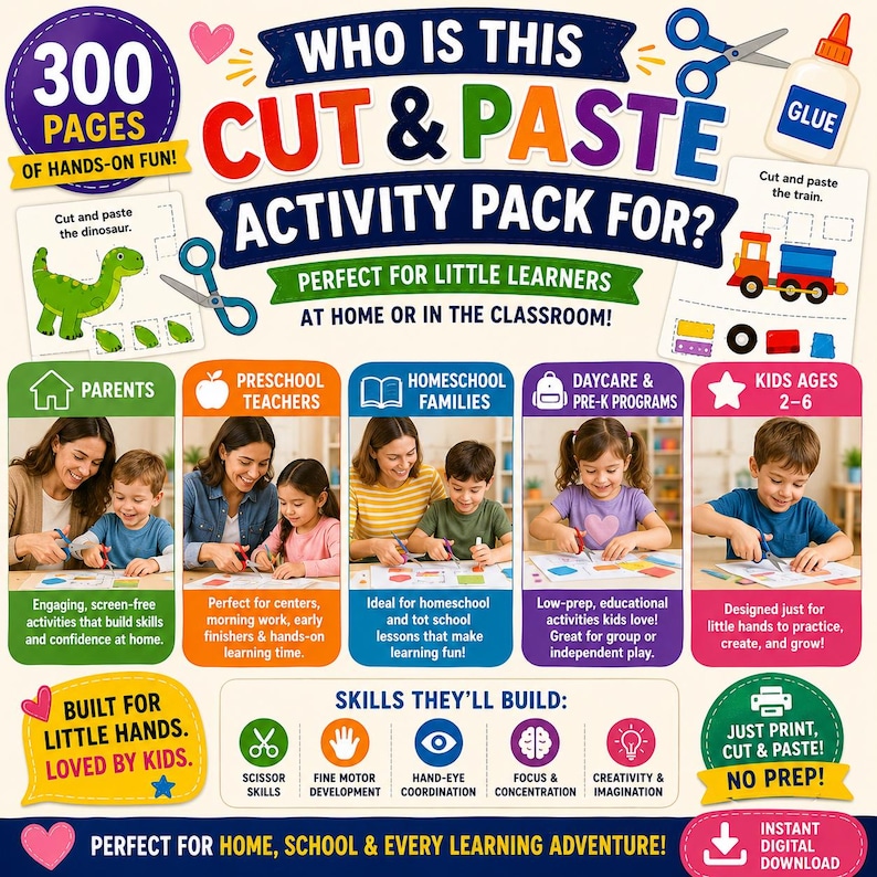 300 Pages Cut and Paste Activities | Preschool Fine Motor, Scissor ...