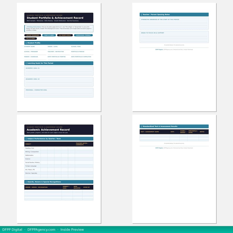 Student Portfolio Printable | Achievement Record Work Samples Log ...