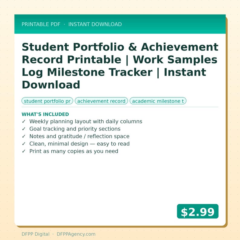 Student Portfolio Printable | Achievement Record Work Samples Log ...