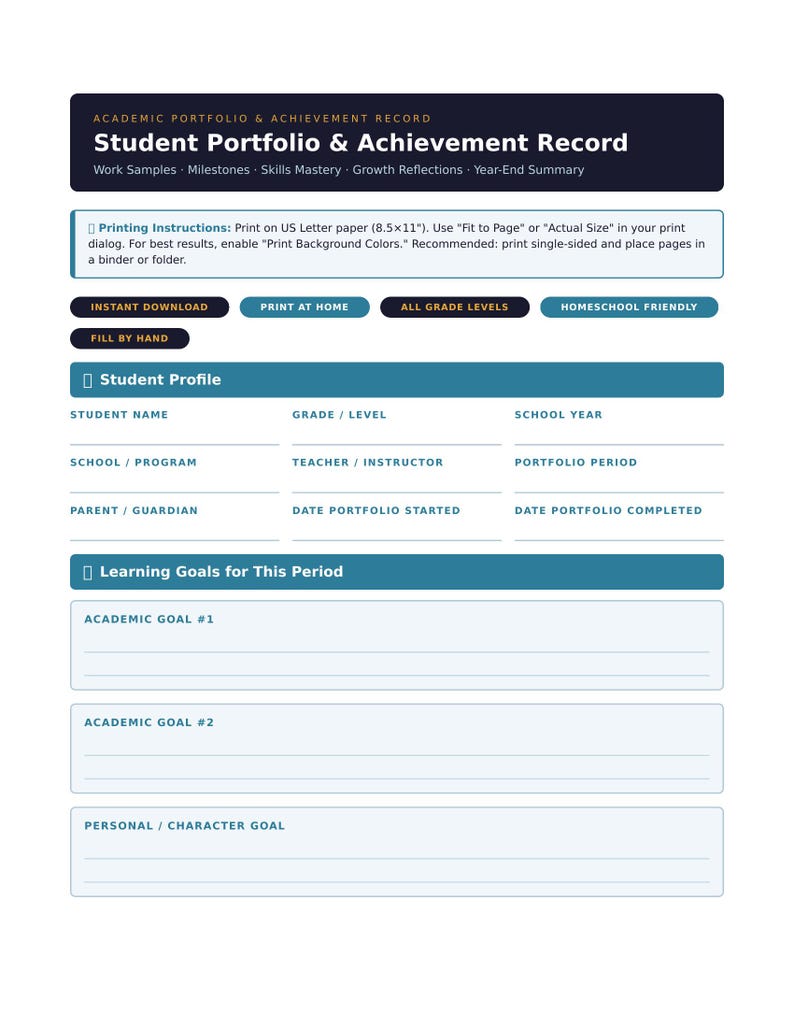 Student Portfolio Printable | Achievement Record Work Samples Log ...