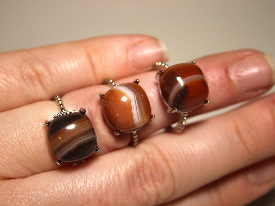 Banded Agate Ring in Sterling Silver Plating, Orange Stone Adjustable ...
