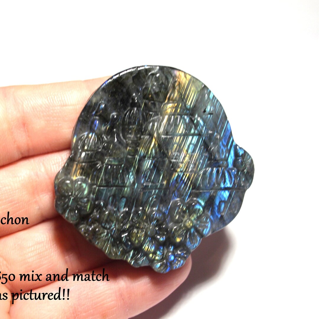 48mm Carved Temple Labradorite Cab Great Flash Chinese Temple Cab Blue ...