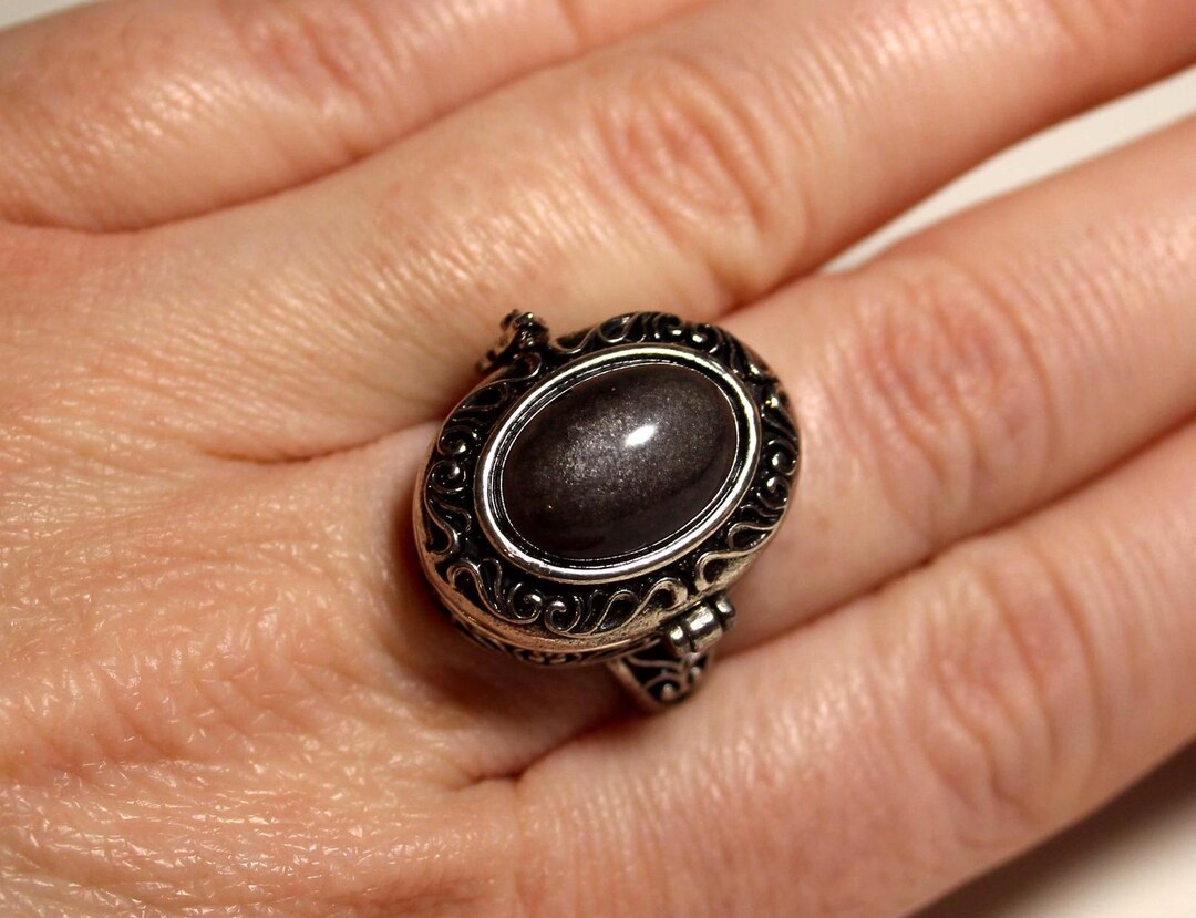Silver Obsidian Locket Ring, Silver Antique Gemstone Ring, Ashes Locket ...