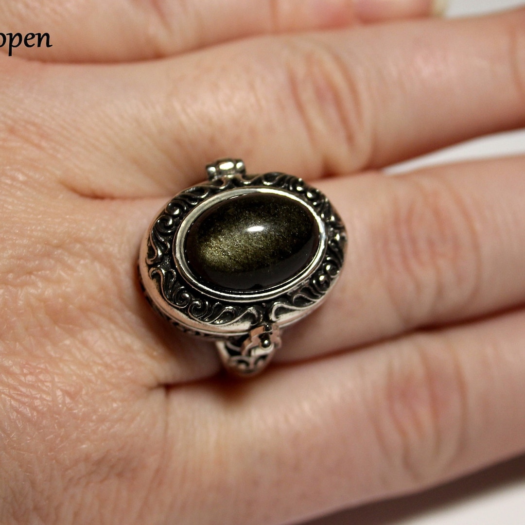 Gold Obsidian Locket Ring, Silver Antique Gemstone Ring, Ashes Locket ...
