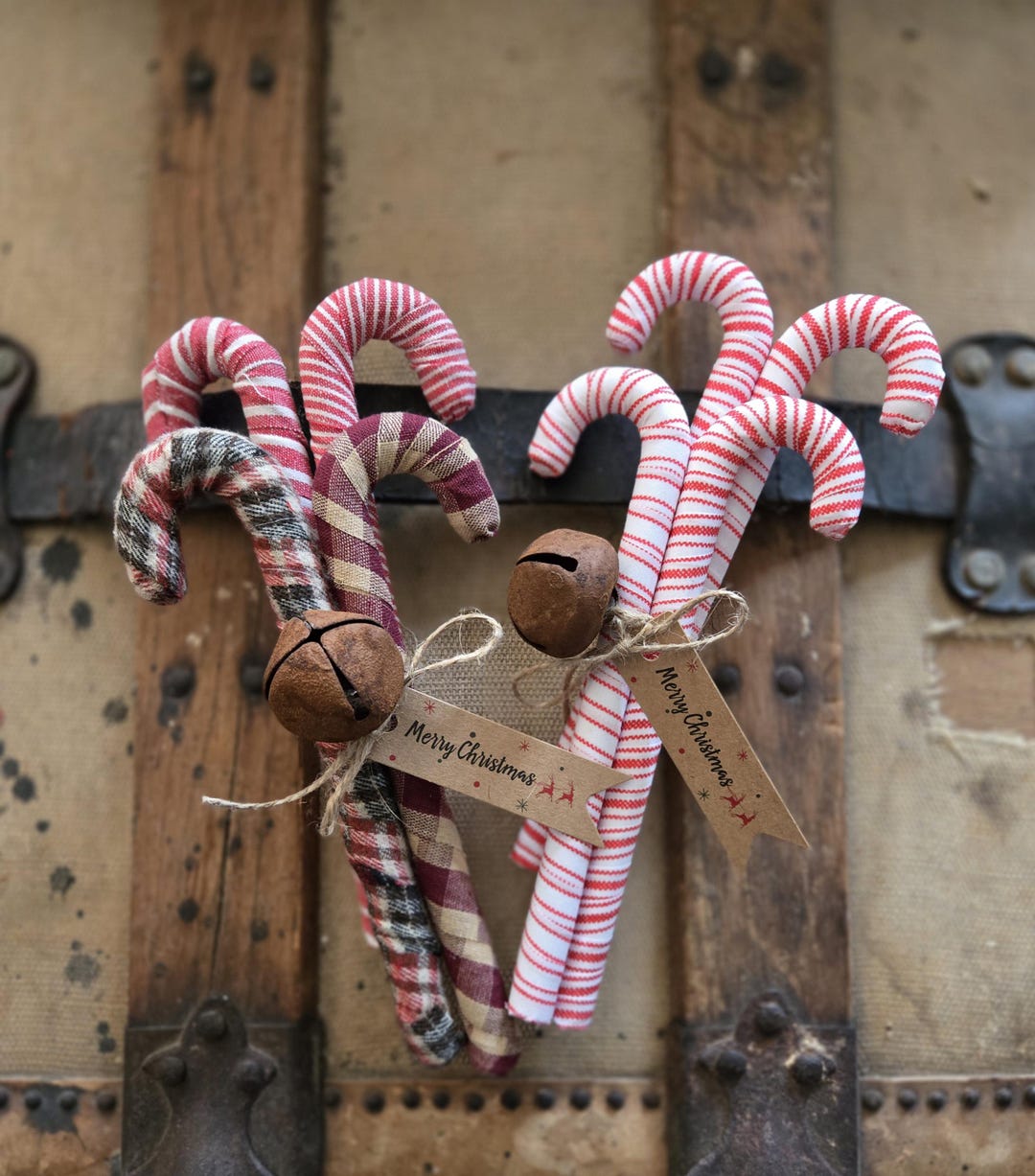 Candy Cane Primitive Homespun Wrapped 1 Set of 4 Canes Holiday Bowl ...