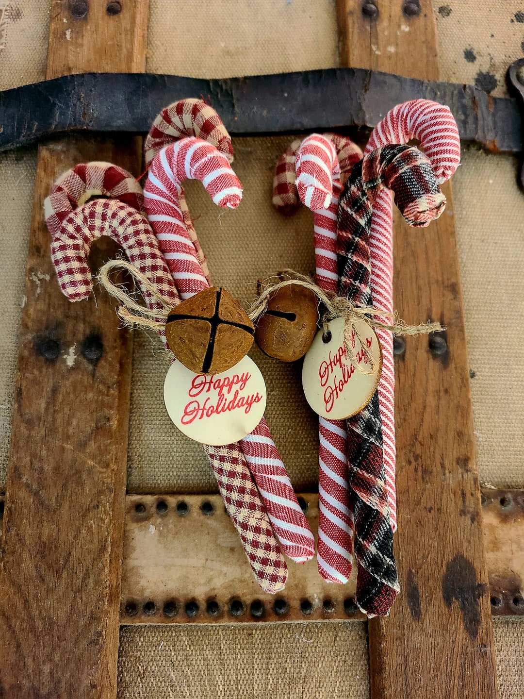 Candy Cane Primitive Homespun Wrapped 1 Set of 4 Canes Holiday Bowl ...