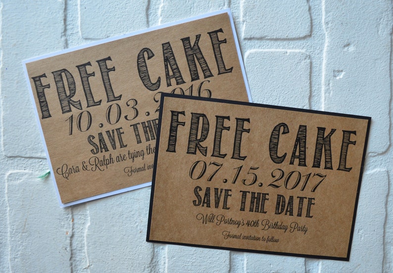 FREE CAKE Save the Date Cards Funny Kraft Rustic | Etsy