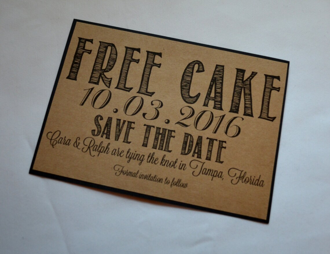 FREE CAKE Save the Date Cards Funny Kraft Rustic | Etsy