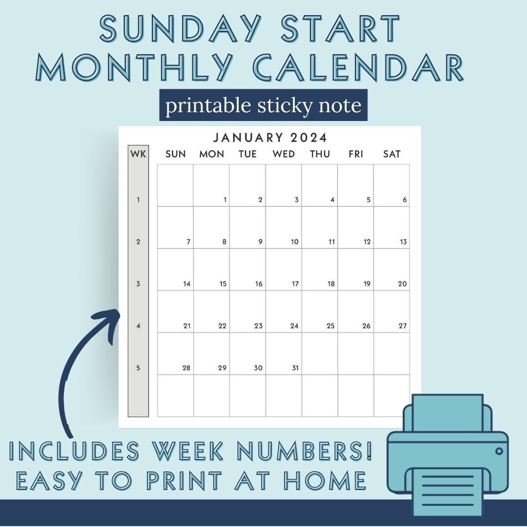 2024 SUNDAY Start Printable Sticky Notes Monthly Calendars Print at ...