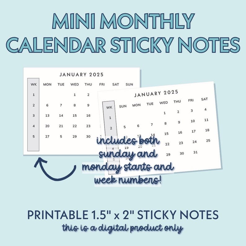 2025 Mini Monthly Calendars Printable Sticky Notes Print at Home PDF ...