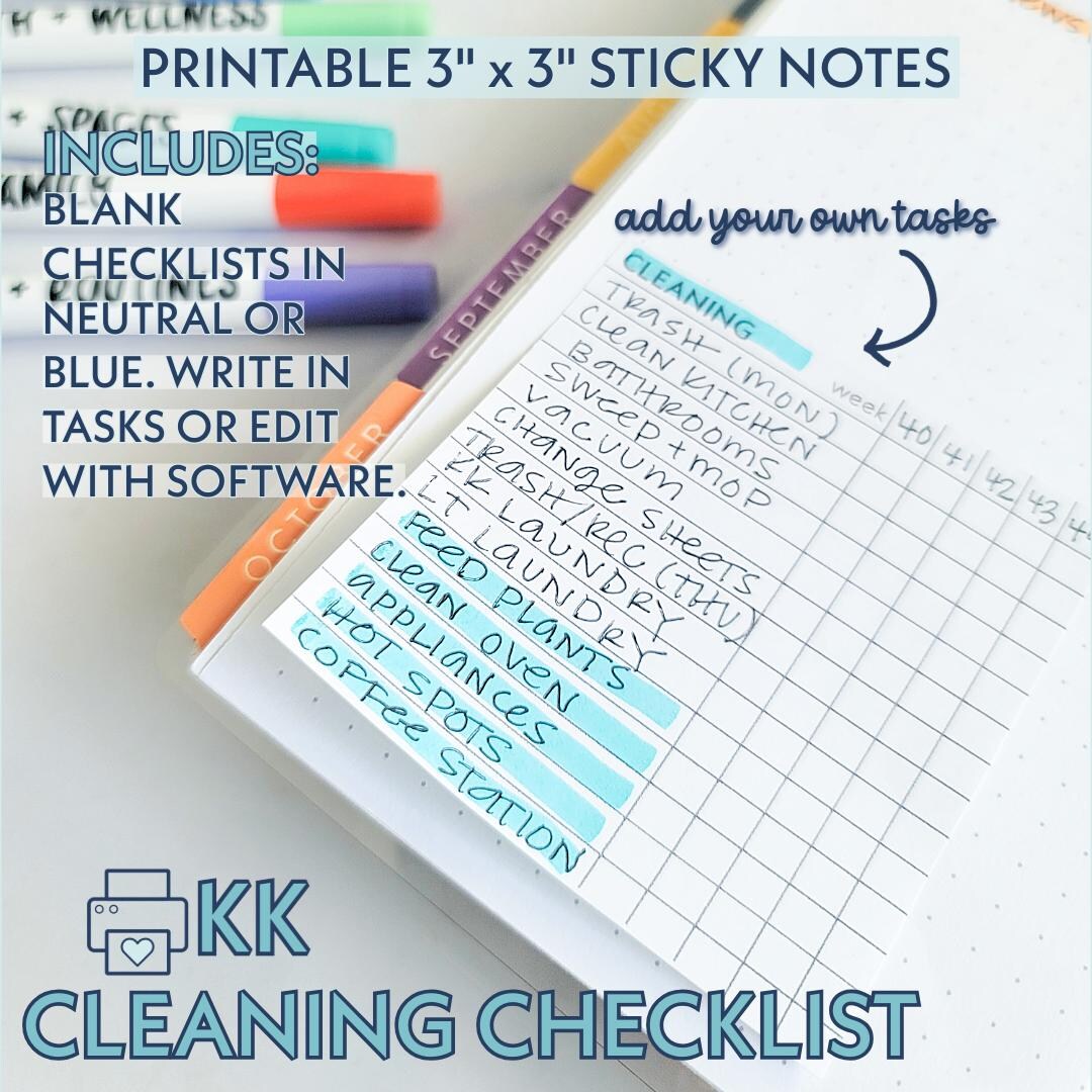Printable Sticky Notes Clean House Checklist Print at Home Editable PDF ...