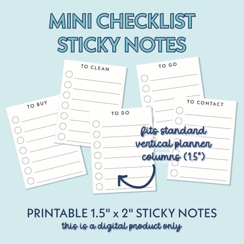 Printable Sticky Notes Mini Vertical Checklist to Do Go Contact Buy ...