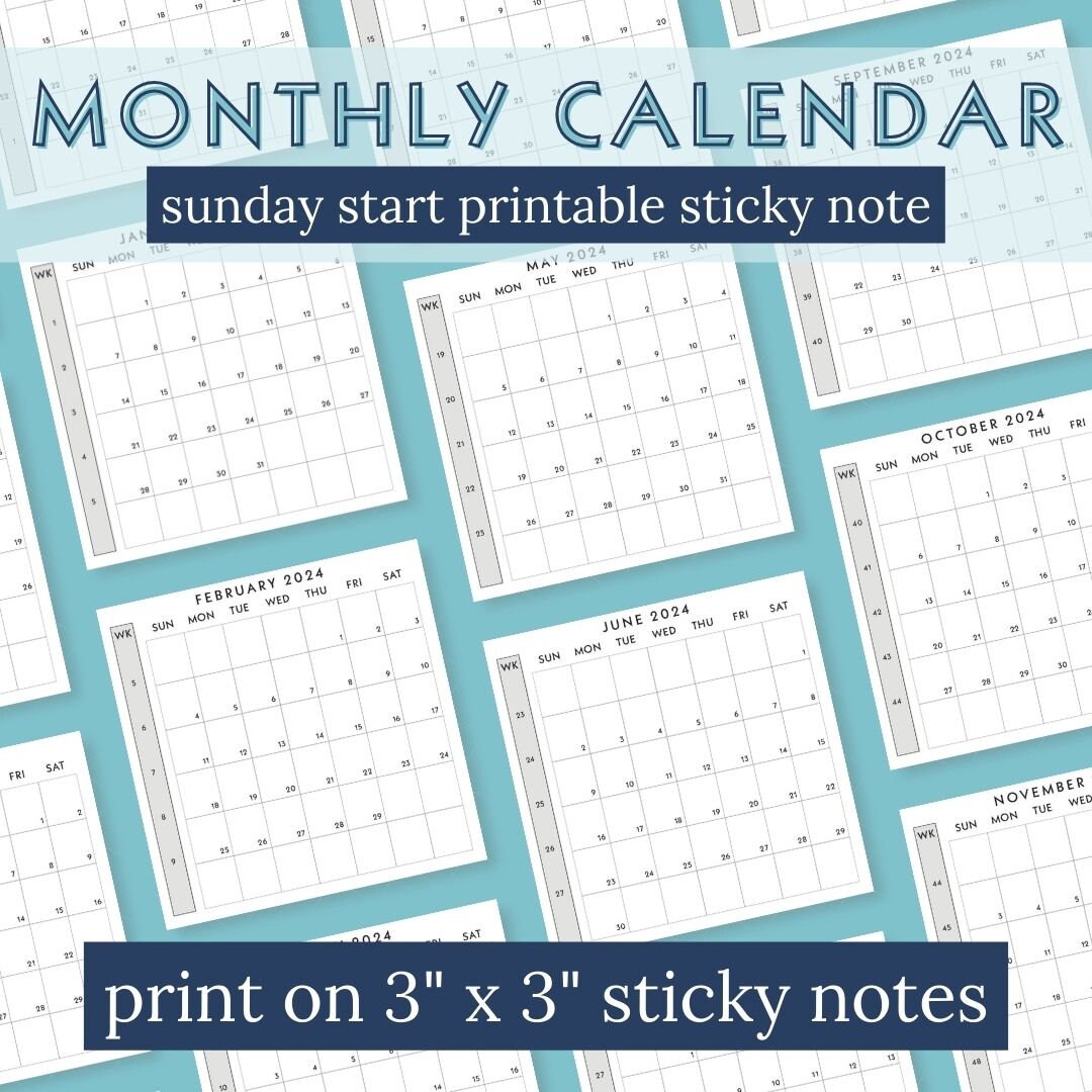 2024 SUNDAY Start Printable Sticky Notes Monthly Calendars Print at ...