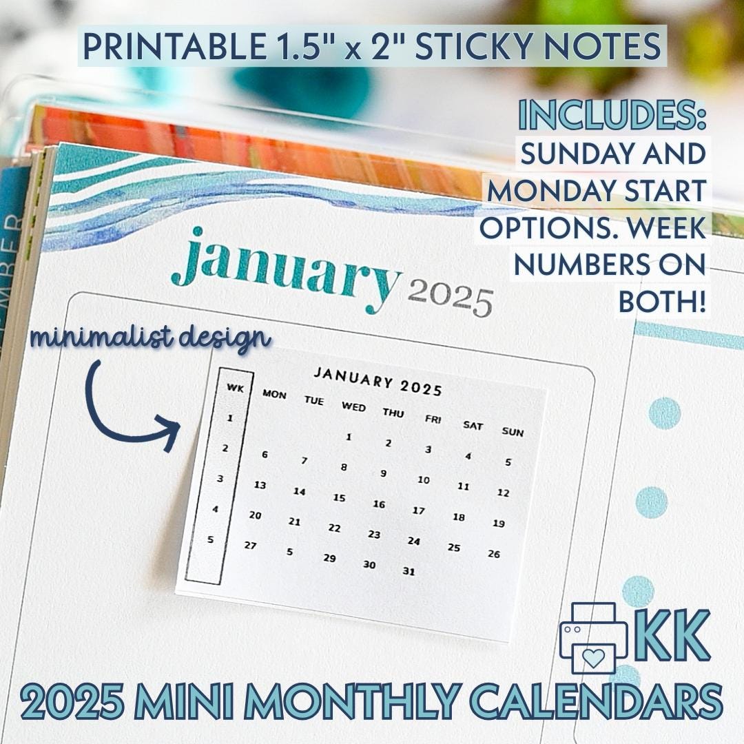 2025 Mini Monthly Calendars Printable Sticky Notes Print at Home PDF ...