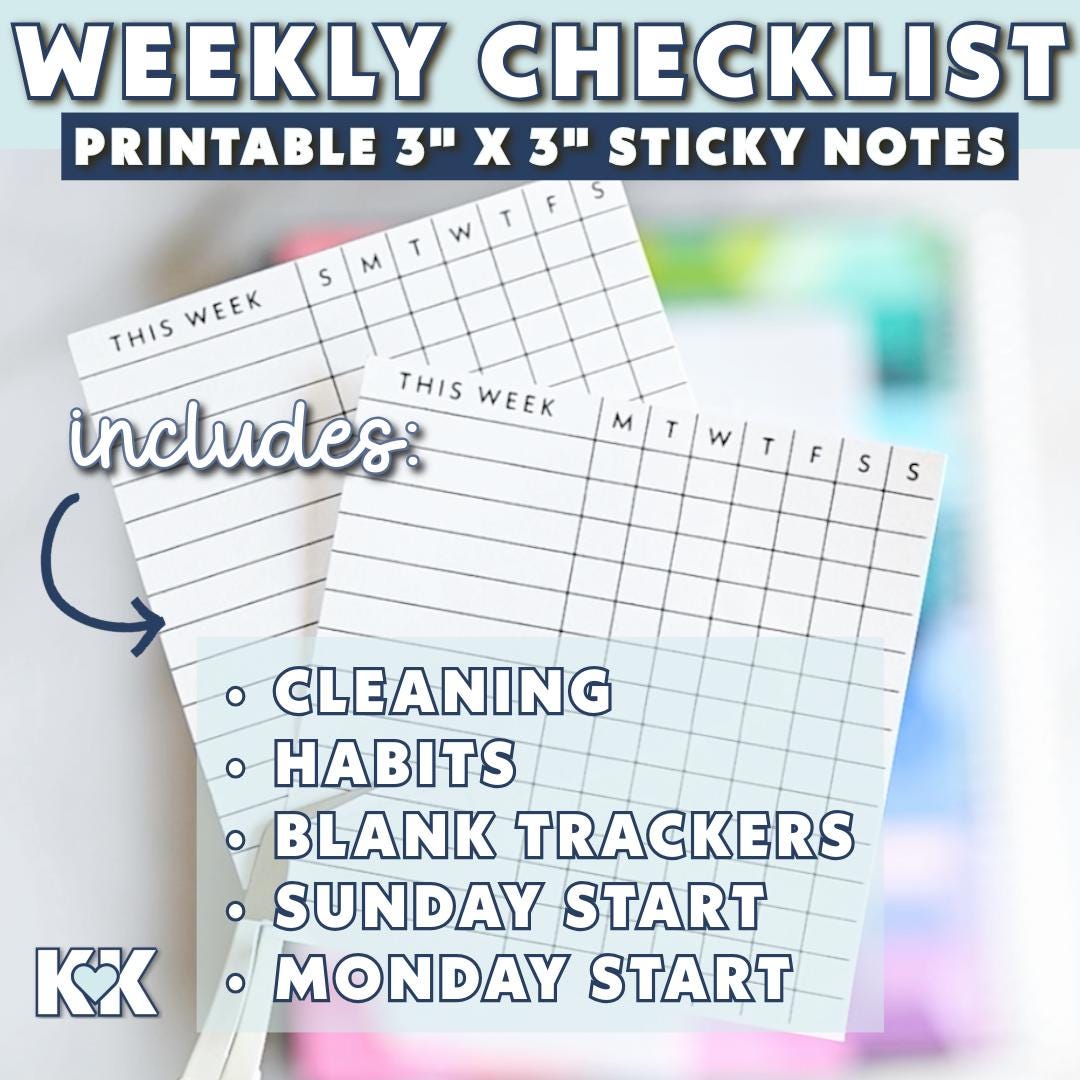 Weekly Checklist Printable Sticky Notes | Daily to Do List & Habit ...