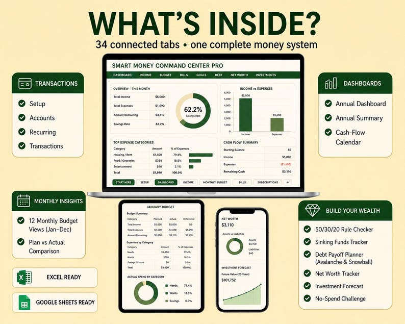 Annual Budget Spreadsheet, Monthly Planner, Debt Payoff, Net Worth ...