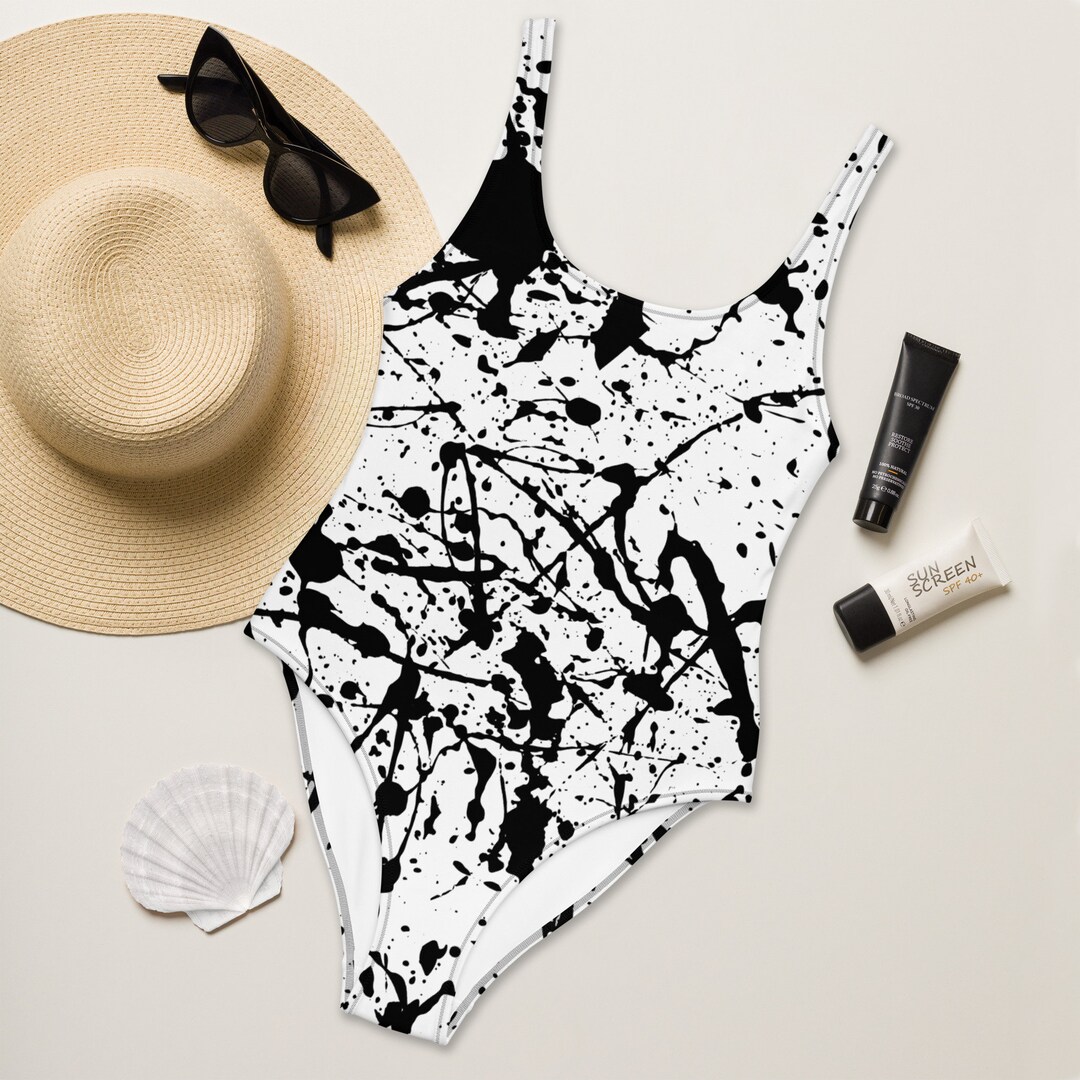 Black and White Paint Splatter Swimsuit: Low Back Cheeky One-piece - Etsy