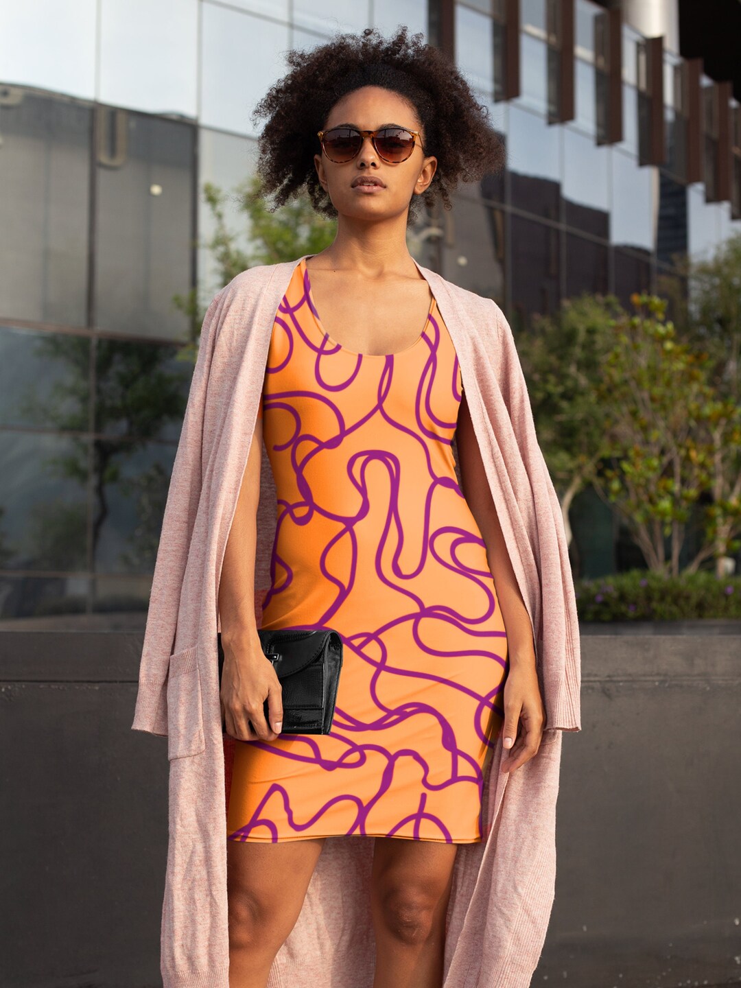 Squiggle Lines Print Fitted Cocktail Dress, Hand Drawn Lines Club Dress ...