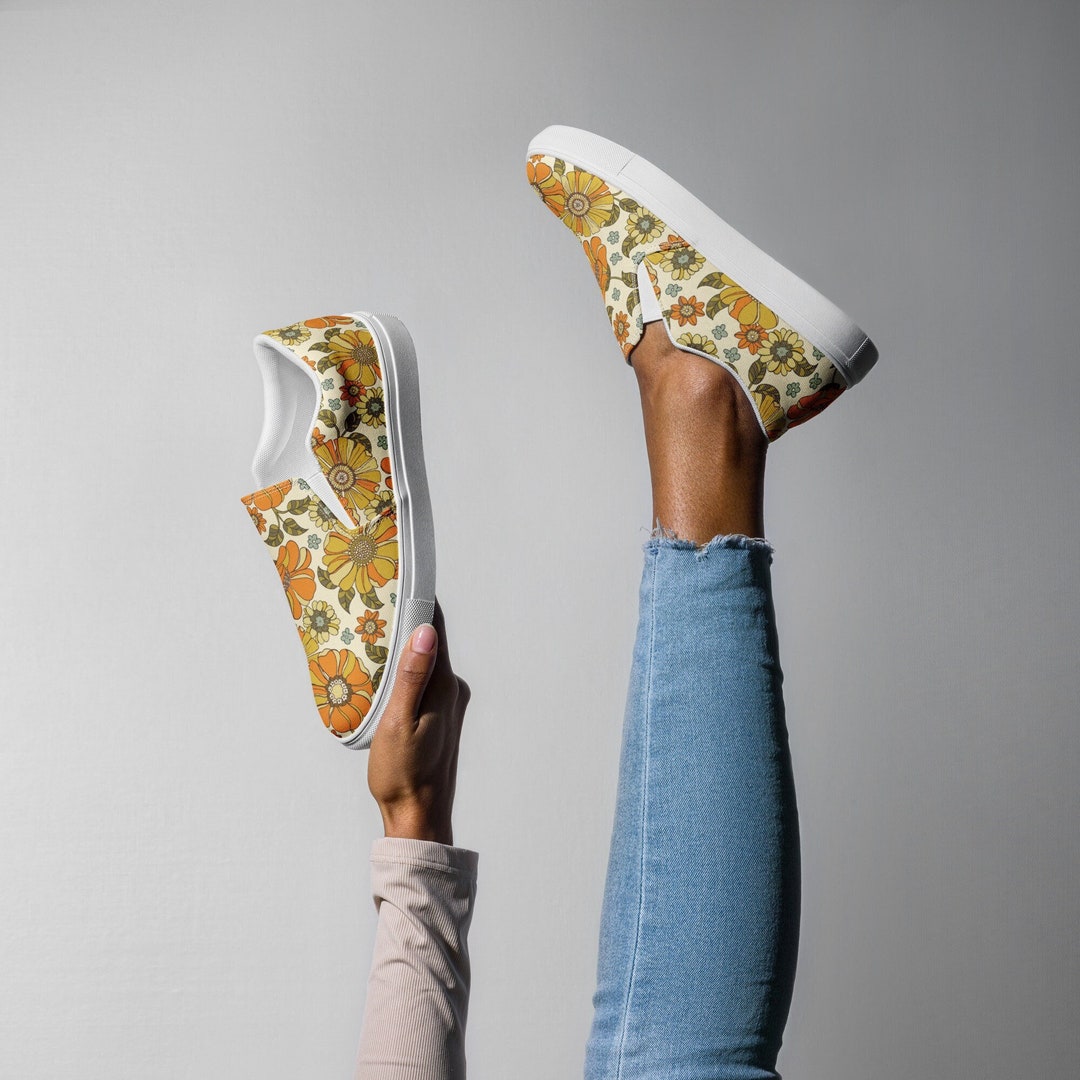 Retro 60's 70's Floral Orange and Yellow Women’s Slip-on Canvas Shoes ...