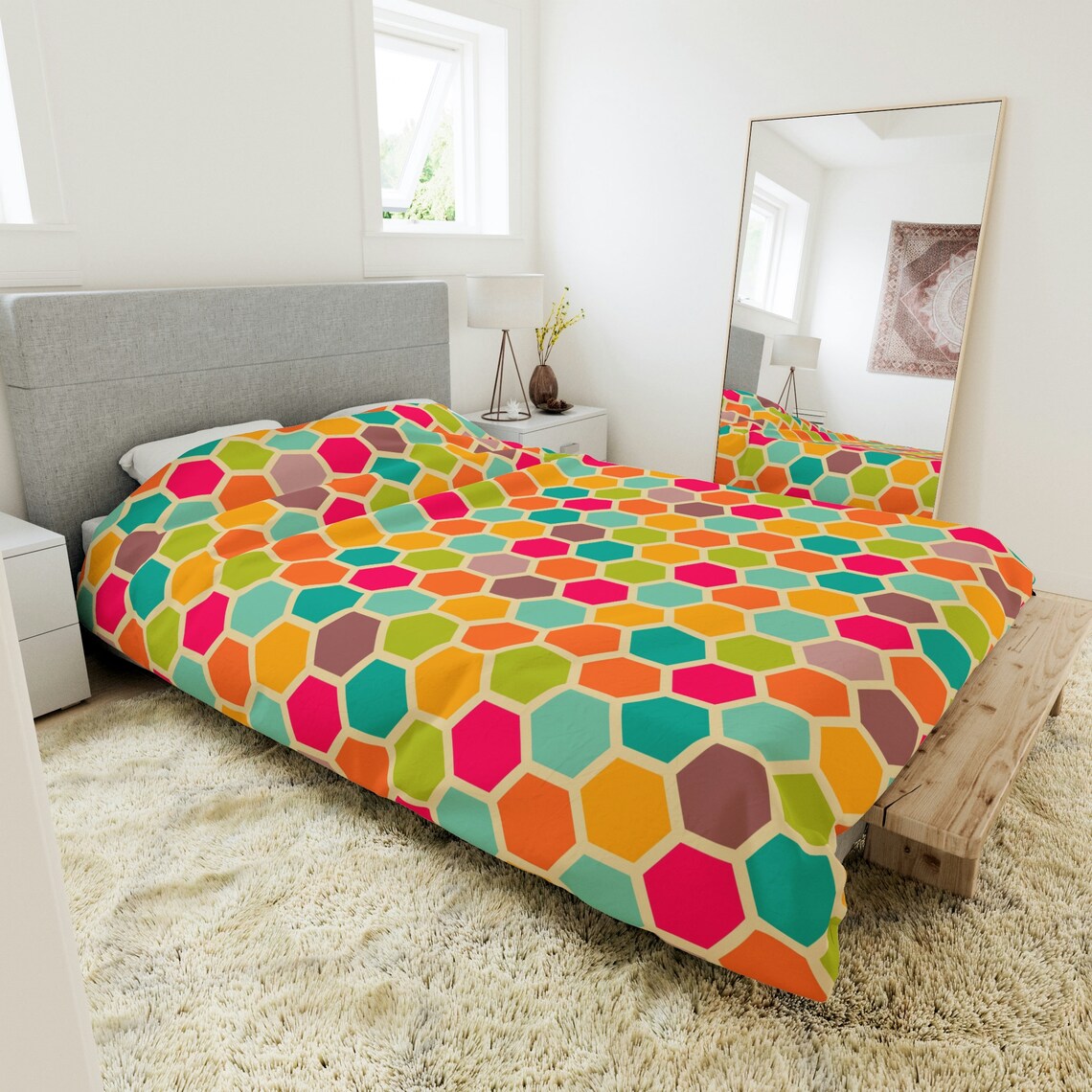 Retro Honeycomb Duvet Cover Multicolored Hexagon Pattern - Etsy